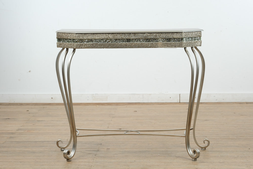 Silver Glam Scroll-Leg Console Table with Glitter Inlay & Glass Accent ...