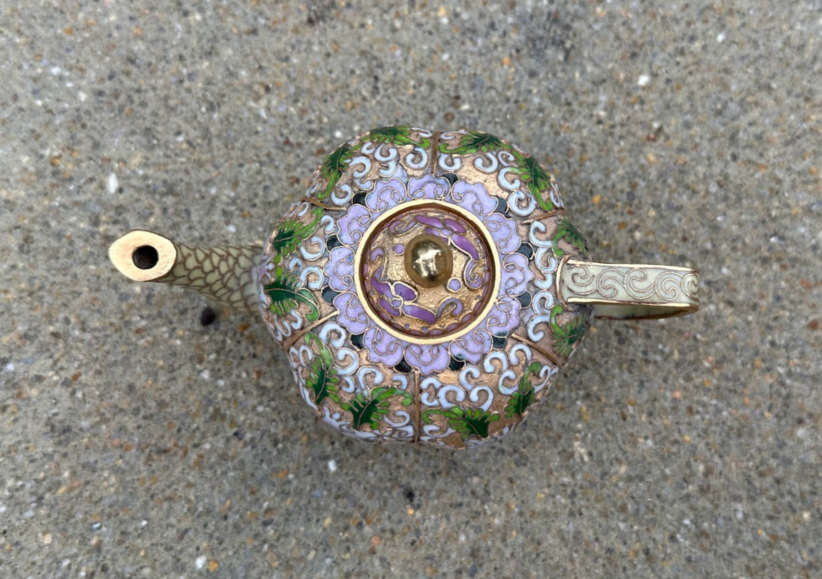 Vintage Cloisonné Enamel Teapot – Floral Motif, Brass with Lilac, Gree ...