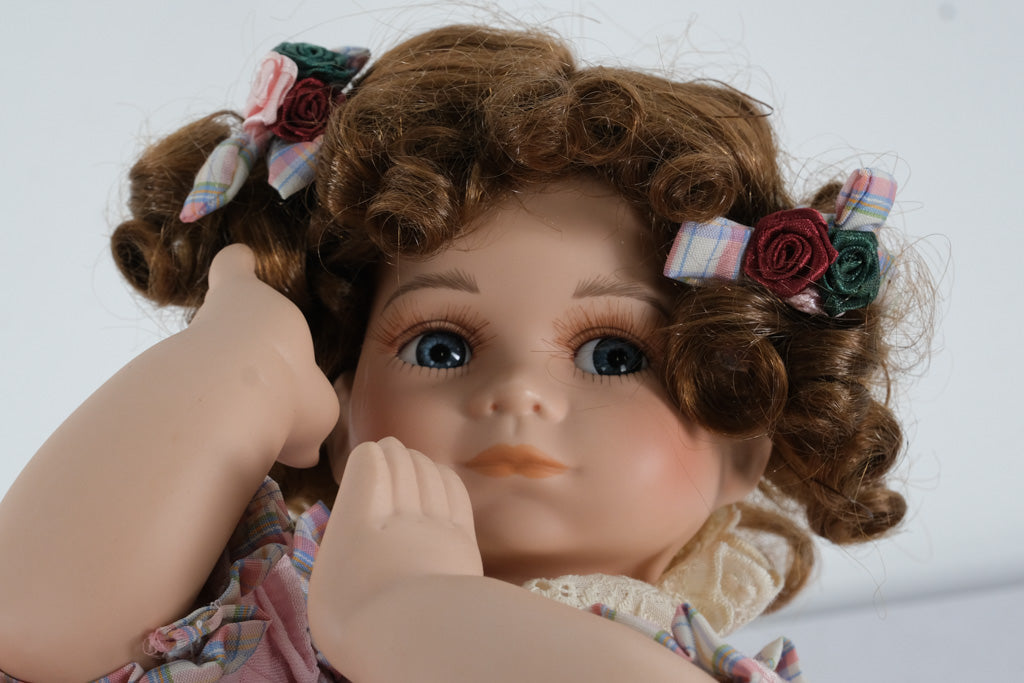 Vintage Porcelain Girl Doll – Lying Pose with Curly Hair, Pink Dress ...