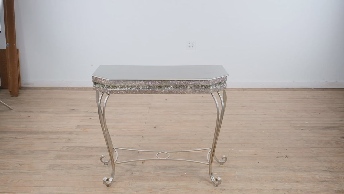 Silver Glam Scroll-Leg Console Table with Glitter Inlay & Glass Accent ...